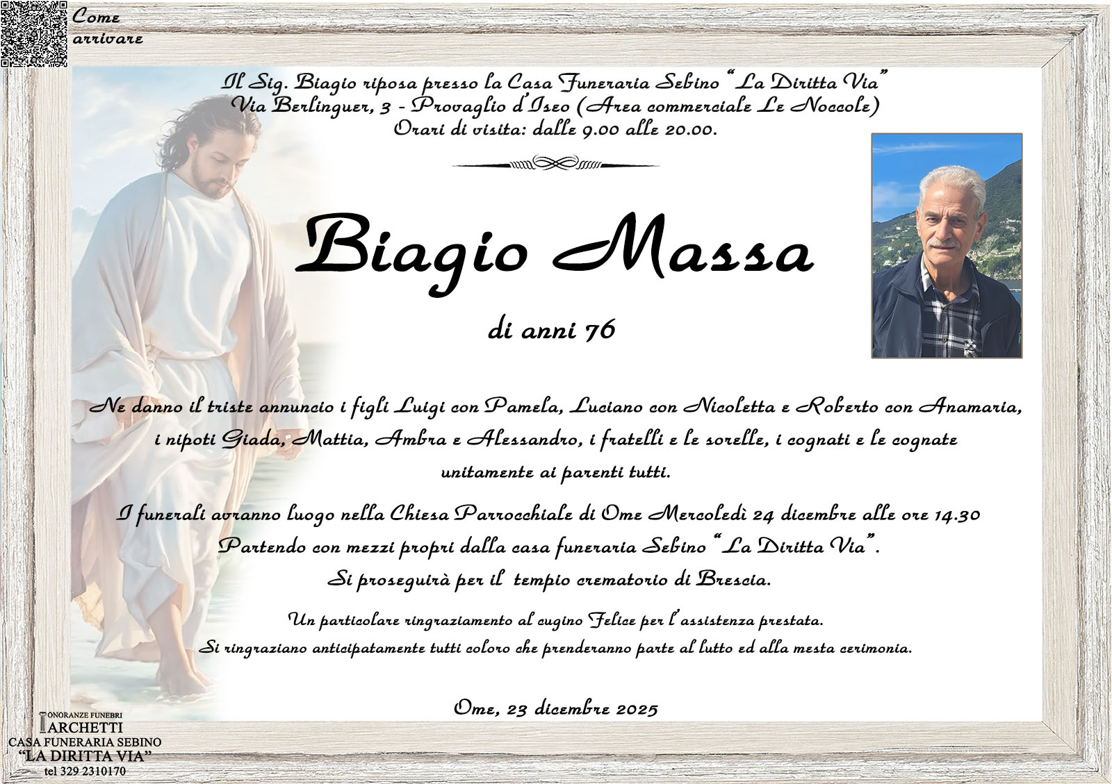 Onoranze Funebri Archetti - Sig. Biagio Massa di anni 76 - 23 dicembre 2025
